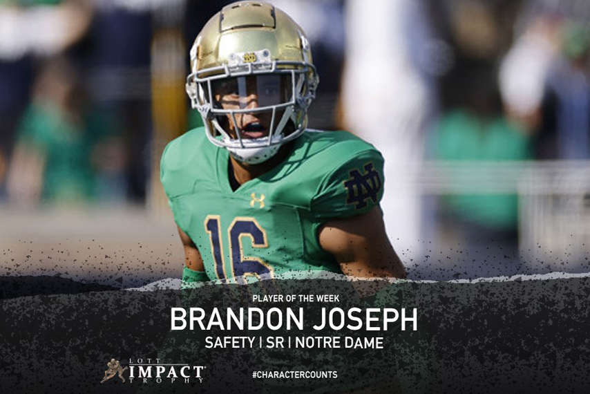 Brandon Joseph of Notre Dame has been named the Week 6 Lott IMPACT ...